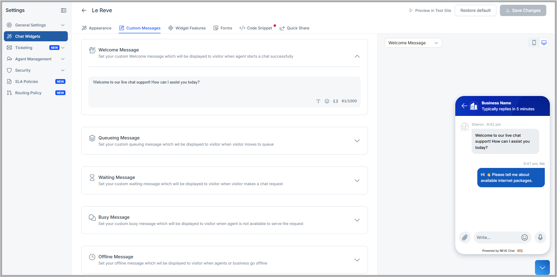 Custom Message | REVE Chat