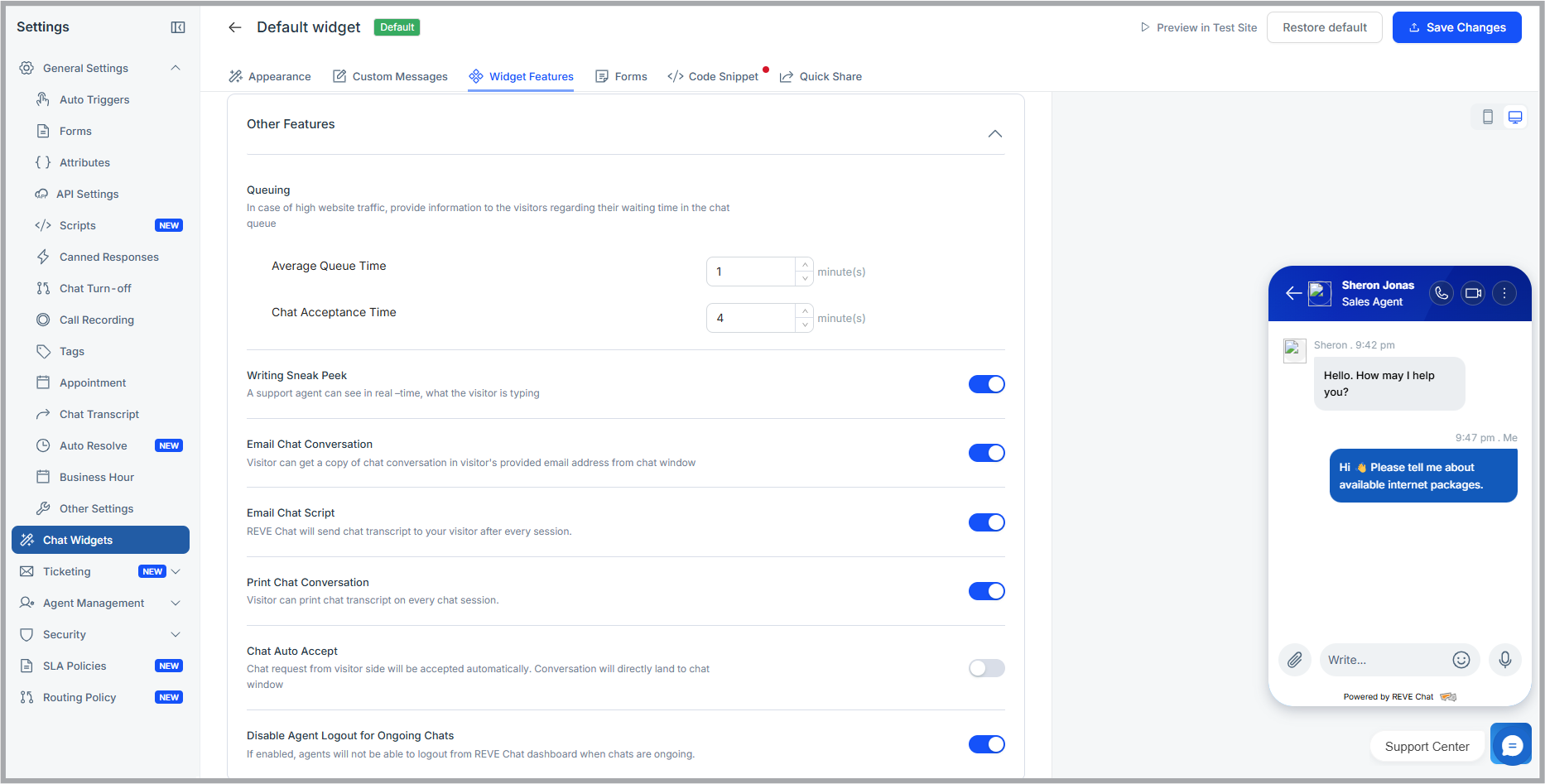Widget Features | REVE Chat