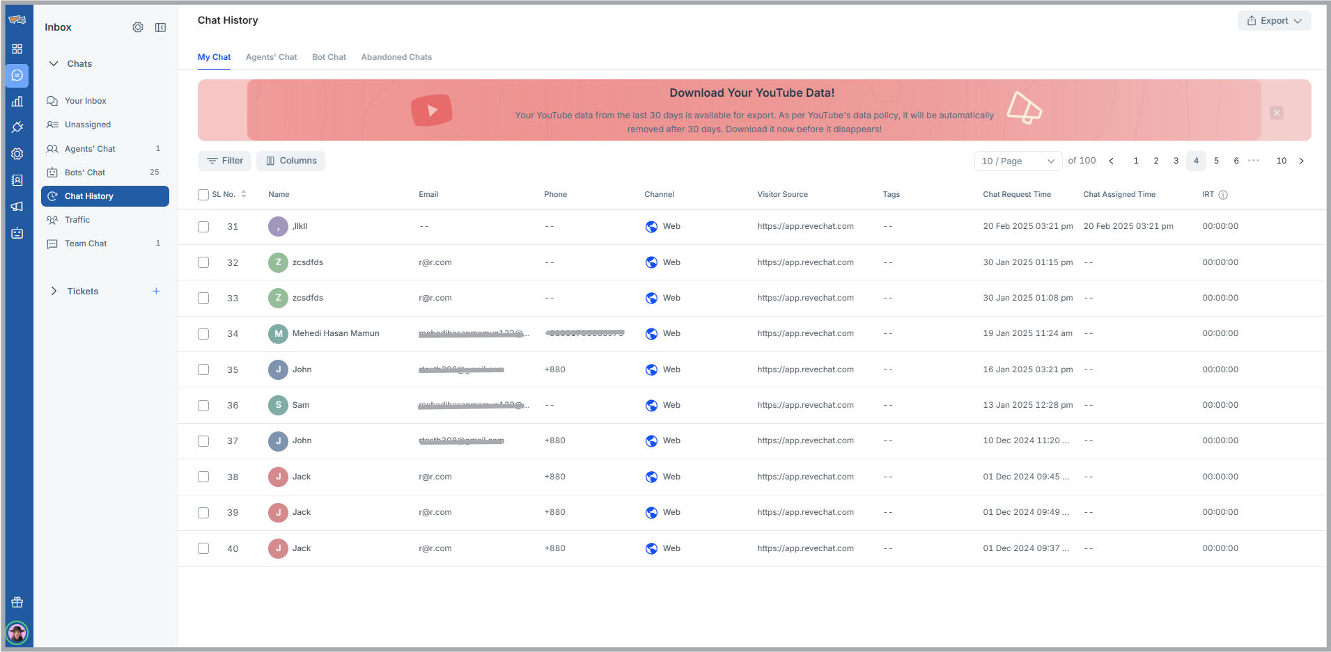 Chat History for All Closed Conversations | REVE Chat